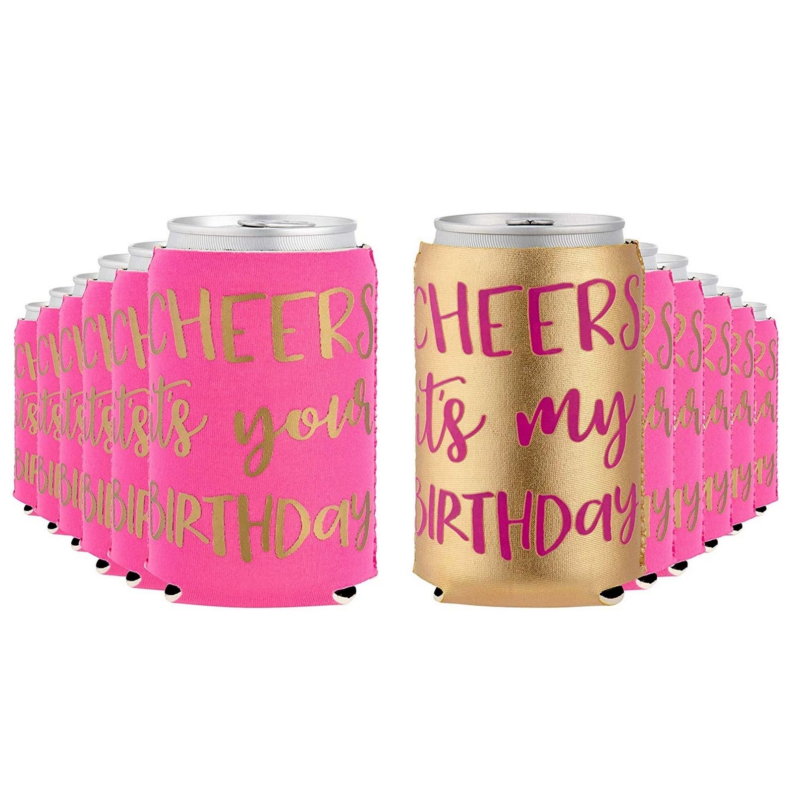 12 oz Birthday Neoprene Can Cooler Sleeves for Soda, Beer, Beverages (Pink, 12 Pack)