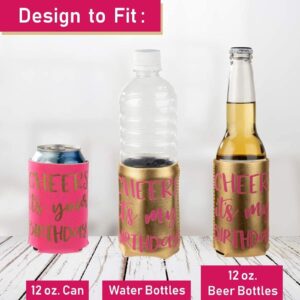 12 oz Birthday Neoprene Can Cooler Sleeves for Soda, Beer, Beverages (Pink, 12 Pack)