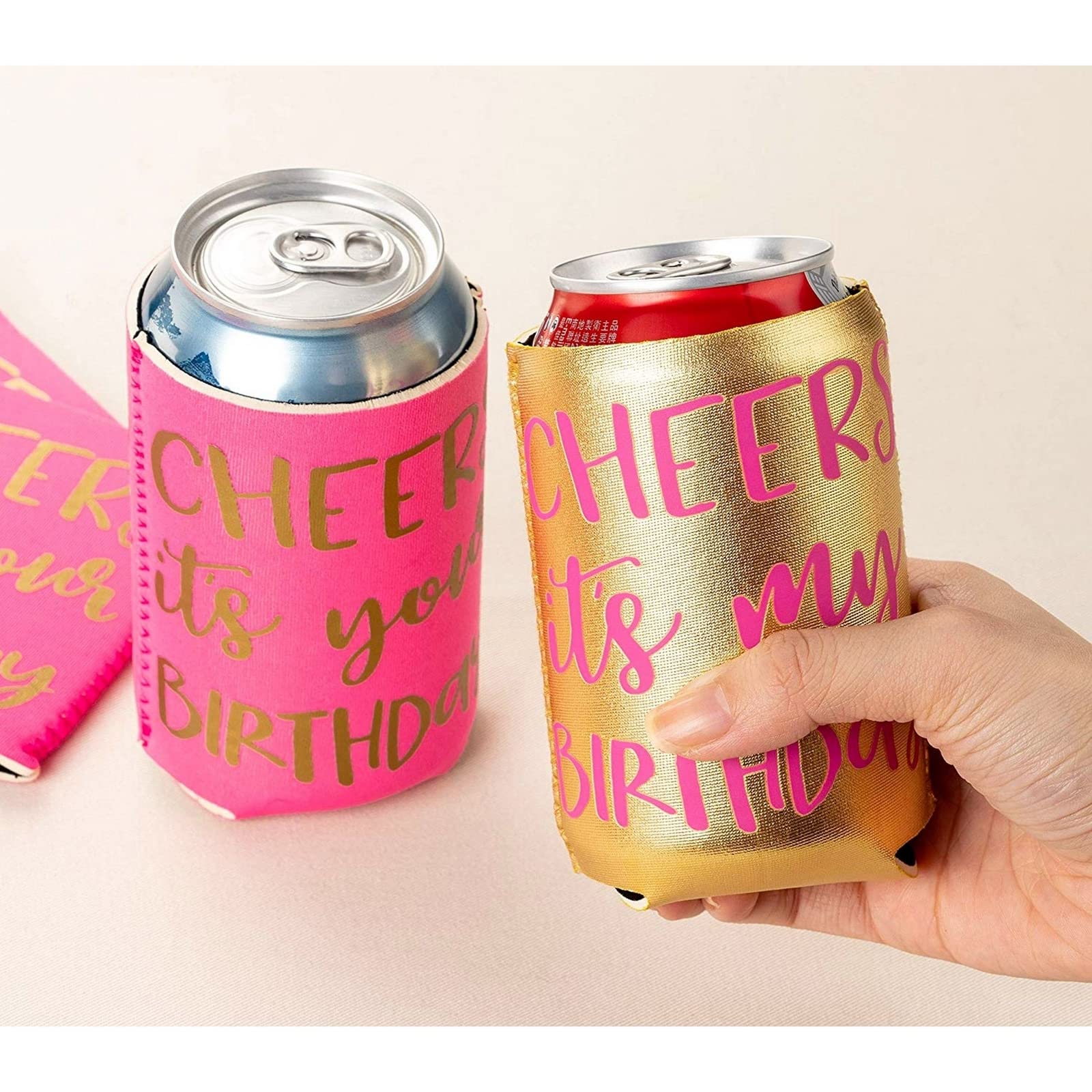 12 oz Birthday Neoprene Can Cooler Sleeves for Soda, Beer, Beverages (Pink, 12 Pack)