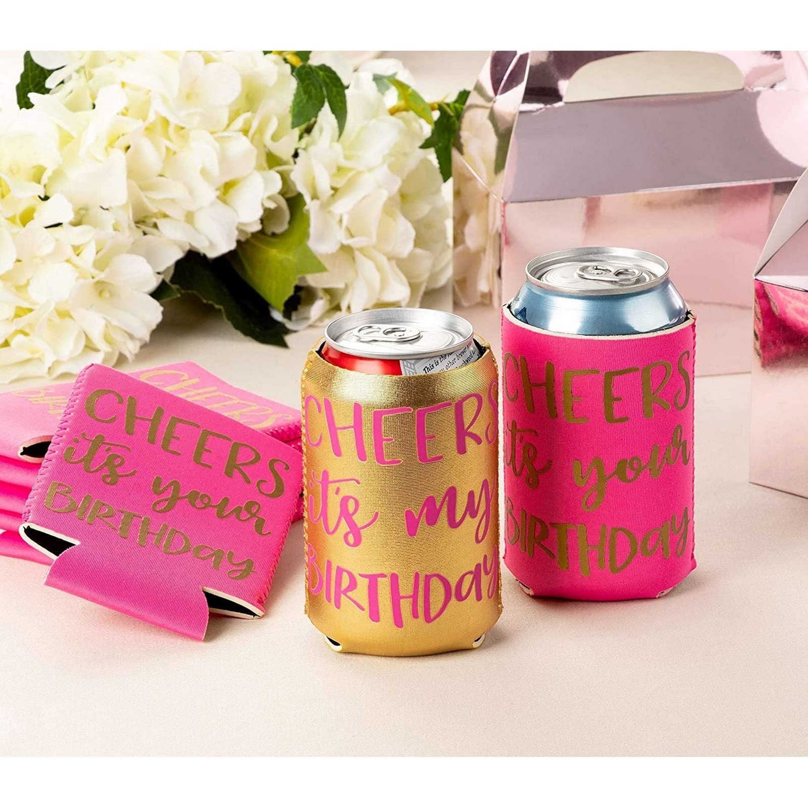 12 oz Birthday Neoprene Can Cooler Sleeves for Soda, Beer, Beverages (Pink, 12 Pack)