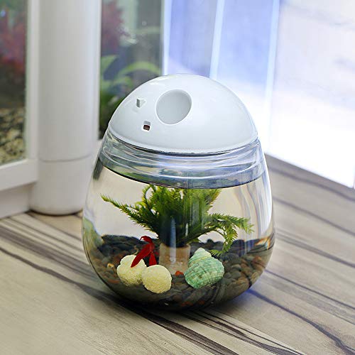 Saim Plastic Small Fish Tank with Lid Desktop Round Fish Bowl and LED Lighting for Betta Fish Home Office Decoration (with Charger Pattern)