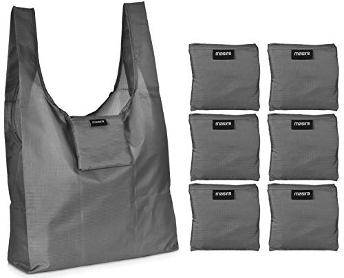 Masirs Ripstop Reusable Grocery Shopping Bag - Replace Paper and Plastic Bags with Large, Strong Eco Friendly Bags. Turns into a Carrying Pouch when Folded into Its Own Pocket. (GREY | 6-PACK)