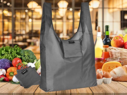 Masirs Ripstop Reusable Grocery Shopping Bag - Replace Paper and Plastic Bags with Large, Strong Eco Friendly Bags. Turns into a Carrying Pouch when Folded into Its Own Pocket. (GREY | 6-PACK)