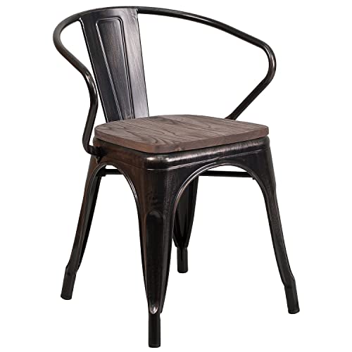 Flash Furniture Black-Antique Gold Metal Chair with Wood Seat and Arms