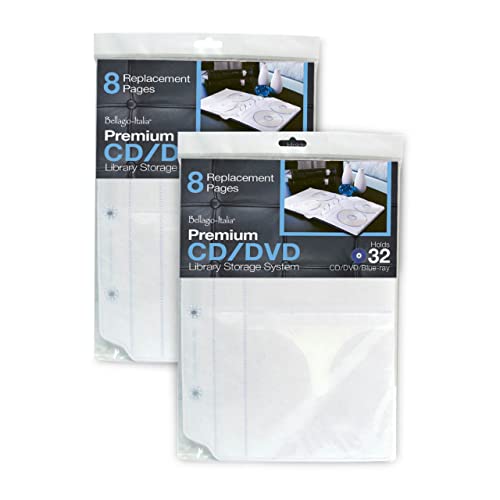 Bellagio-Italia Insert Sheets for CD/DVD Storage Binder - Holds DVDs, CDs, Blu-Rays & Video Games - Acid-Free Binder Organizer Sheets - 16 Sheets - 2 Pack