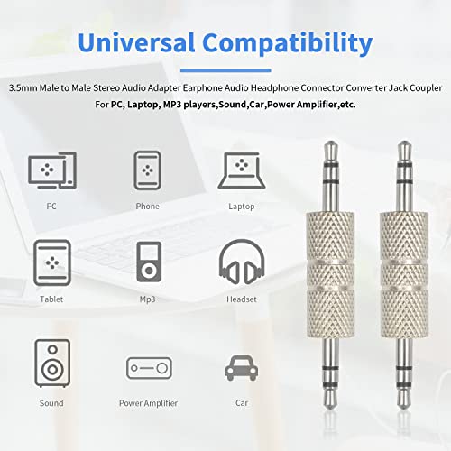 Duttek 3.5mm Male to Male Audio Adapter, Metal Silver 3 Pole 3.5mm Stereo Jack to 3.5mm Stereo Jack Adapter, 1/8 Inch Male to Male Audio Headphone Jack Coupler Connectors - 2 Pack