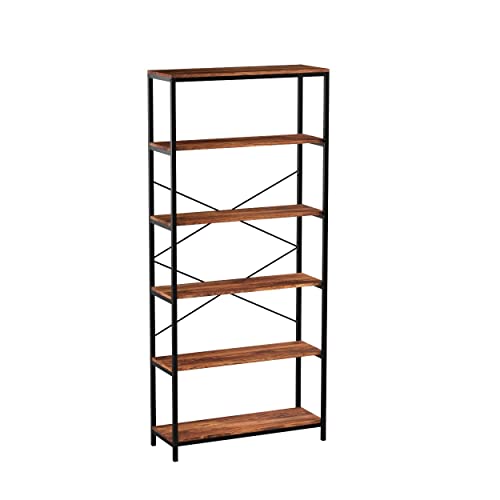 6 Tier Industrial Bookshelf 71" Tall Open Bookshelves and Bookcases Vintage Standing Storage Shelf Freestanding Display Shelf for Living Room Bedroom-Black Metal Frame & Wood(US Stock)