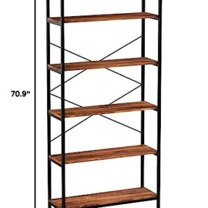 6 Tier Industrial Bookshelf 71" Tall Open Bookshelves and Bookcases Vintage Standing Storage Shelf Freestanding Display Shelf for Living Room Bedroom-Black Metal Frame & Wood(US Stock)