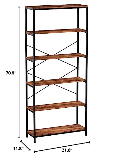 6 Tier Industrial Bookshelf 71" Tall Open Bookshelves and Bookcases Vintage Standing Storage Shelf Freestanding Display Shelf for Living Room Bedroom-Black Metal Frame & Wood(US Stock)