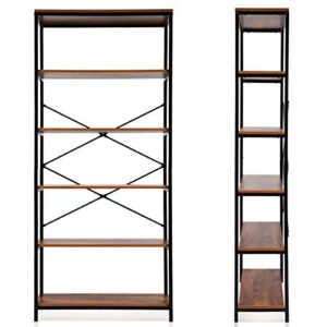 6 Tier Industrial Bookshelf 71" Tall Open Bookshelves and Bookcases Vintage Standing Storage Shelf Freestanding Display Shelf for Living Room Bedroom-Black Metal Frame & Wood(US Stock)