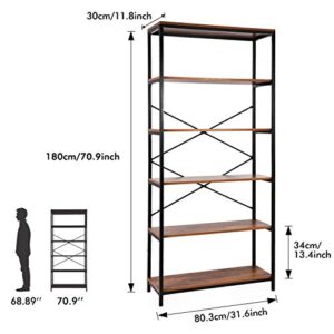 6 Tier Industrial Bookshelf 71" Tall Open Bookshelves and Bookcases Vintage Standing Storage Shelf Freestanding Display Shelf for Living Room Bedroom-Black Metal Frame & Wood(US Stock)