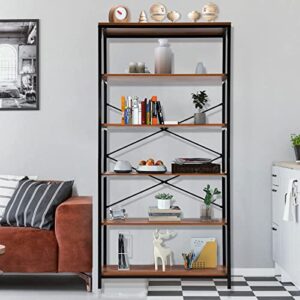 6 Tier Industrial Bookshelf 71" Tall Open Bookshelves and Bookcases Vintage Standing Storage Shelf Freestanding Display Shelf for Living Room Bedroom-Black Metal Frame & Wood(US Stock)