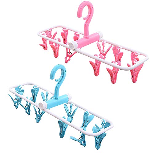 Amlrt 2 Packs Travel Foldable Portable Hanging Drying Rack， Laundry Drying Space Saving Travel Rotatable Plastic 12 Clips (Rose and Blue)