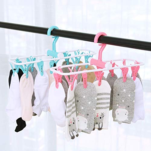 Amlrt 2 Packs Travel Foldable Portable Hanging Drying Rack， Laundry Drying Space Saving Travel Rotatable Plastic 12 Clips (Rose and Blue)