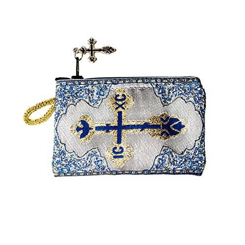 Intercession Hand-Woven, Lined Madonna and Child Rosary Pouch, Made in Turkey with Premium Metallic Thread (Blue - Small)