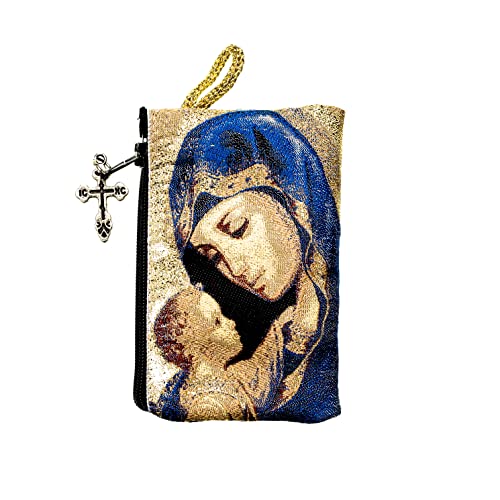 Intercession Hand-Woven, Lined Madonna and Child Rosary Pouch, Made in Turkey with Premium Metallic Thread (Blue - Small)