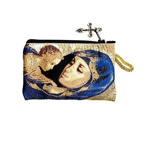 Intercession Hand-Woven, Lined Madonna and Child Rosary Pouch, Made in Turkey with Premium Metallic Thread (Blue - Small)