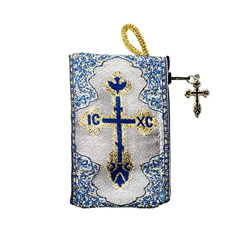 Intercession Hand-Woven, Lined Madonna and Child Rosary Pouch, Made in Turkey with Premium Metallic Thread (Blue - Small)