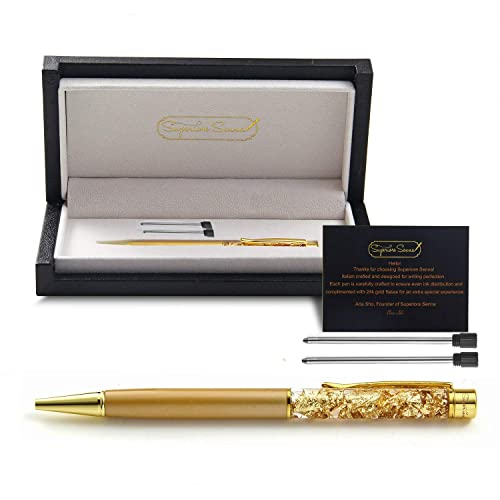 Superiore Senna Italian Black Ink Gold Pen - Gift Box Luxury Pen with Real 24K Gold Flakes and 2 Ink Cartridges - Cute, Fancy Pens for Wedding, Gold Office Supplies for Women, Desk Gifts for Men