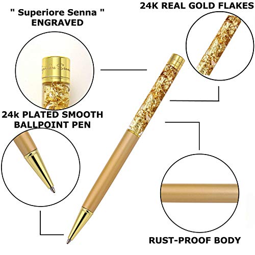 Superiore Senna Italian Black Ink Gold Pen - Gift Box Luxury Pen with Real 24K Gold Flakes and 2 Ink Cartridges - Cute, Fancy Pens for Wedding, Gold Office Supplies for Women, Desk Gifts for Men