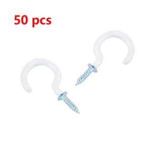 Antrader 50 Pack White Vinyl Coated Screw-in Ceiling Hooks Nickel Plated Metal Cup Hooks 1-4/5 Inch Long