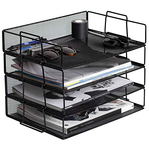 Klickpick Office 4 Tier Stackable Heavy Duty Metal Desktop Letter Tray File Organizer Sorter Desk Document Organizer Shelf Tray Magazine Holder Paper File Newspaper Organizer Tray (Black)