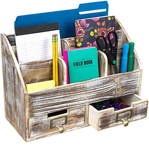 Excello Global Products Rustic Wood Office Desk Organizer: Includes 6 Compartments and 2 Drawers to Organize Desk Accessories, Mail, Pens, Notebooks, Folders, Pencils and Office Supplies (Brown)