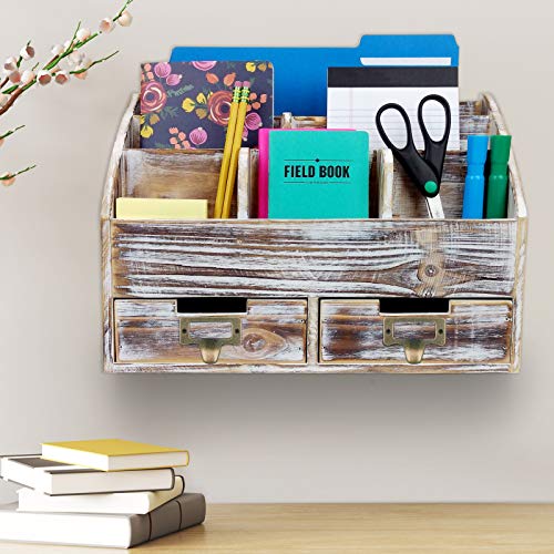 Excello Global Products Rustic Wood Office Desk Organizer: Includes 6 Compartments and 2 Drawers to Organize Desk Accessories, Mail, Pens, Notebooks, Folders, Pencils and Office Supplies (Brown)