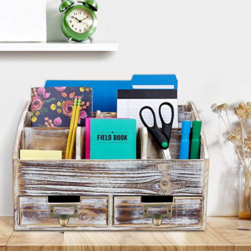 Excello Global Products Rustic Wood Office Desk Organizer: Includes 6 Compartments and 2 Drawers to Organize Desk Accessories, Mail, Pens, Notebooks, Folders, Pencils and Office Supplies (Brown)