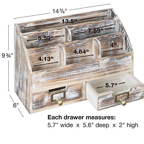 Excello Global Products Rustic Wood Office Desk Organizer: Includes 6 Compartments and 2 Drawers to Organize Desk Accessories, Mail, Pens, Notebooks, Folders, Pencils and Office Supplies (Brown)