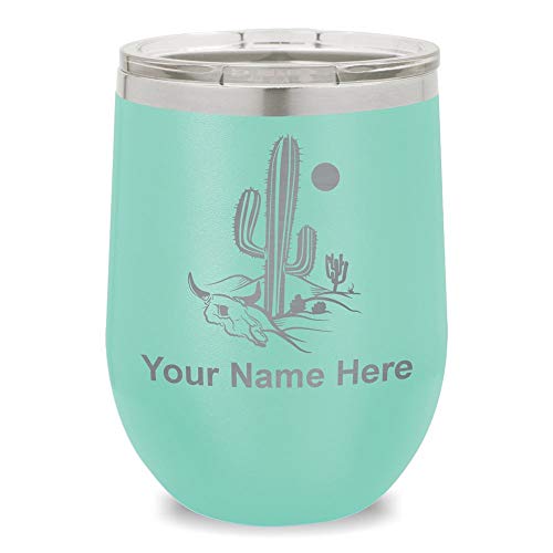 SkunkWerkz Wine Glass Tumbler, Cactus, Personalized Engraving Included (Teal)