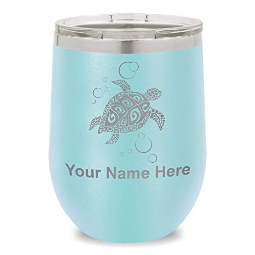 SkunkWerkz Wine Glass Tumbler, Hawaiian Sea Turtle, Personalized Engraving Included (Light Blue)