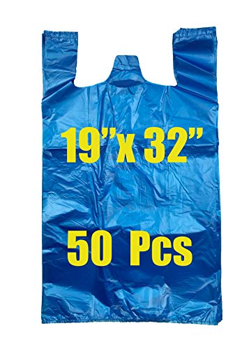 ROYAL 7 50CT Jumbo/Extra Large Plastic Grocery Reusable T-shirts Carry-out 19x10x32 Bags (BLUE, 50)