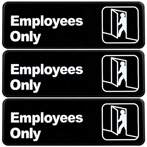 Excello Global Products Employees Only Sign: Easy to Mount Informative Plastic Sign with Symbols 9"x3", Pack of 3 (Black)