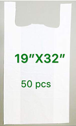 ROYAL 7 50CT Jumbo/Extra Large Plastic Grocery Reusable T-shirts Carry-out 19x10x32 Bags (WHITE, 50)