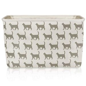 white cat canvas storage basket box for household items or toys - with gray cat pattern. 16.5in x 12.5in x 7.5in