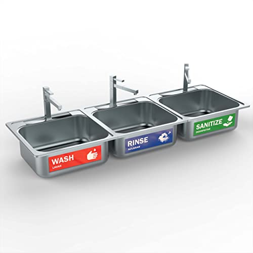 Wash Rinse Sanitize Sink Labels - Ideal Handwashing Signs for 3 Compartment Sink - 2.75" x 9" - Perfect Label Stickers for Restaurants, Commercial Kitchens, Food Trucks, Bussing Stations, Wash Station