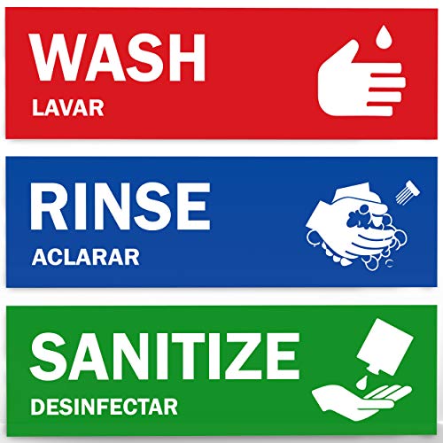 Wash Rinse Sanitize Sink Labels - Ideal Handwashing Signs for 3 Compartment Sink - 2.75" x 9" - Perfect Label Stickers for Restaurants, Commercial Kitchens, Food Trucks, Bussing Stations, Wash Station