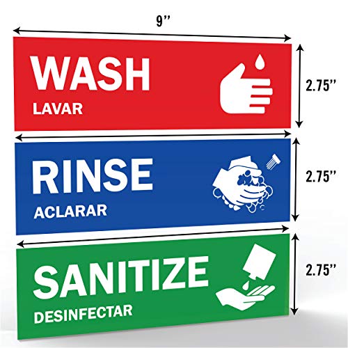 Wash Rinse Sanitize Sink Labels - Ideal Handwashing Signs for 3 Compartment Sink - 2.75" x 9" - Perfect Label Stickers for Restaurants, Commercial Kitchens, Food Trucks, Bussing Stations, Wash Station