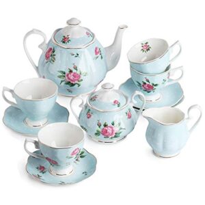 btat- floral tea set, tea cups (8oz), tea pot (38oz), creamer and sugar set, gift box, china tea set, tea sets for women, tea cups and saucer set, tea set for adults, 4 tea cups set