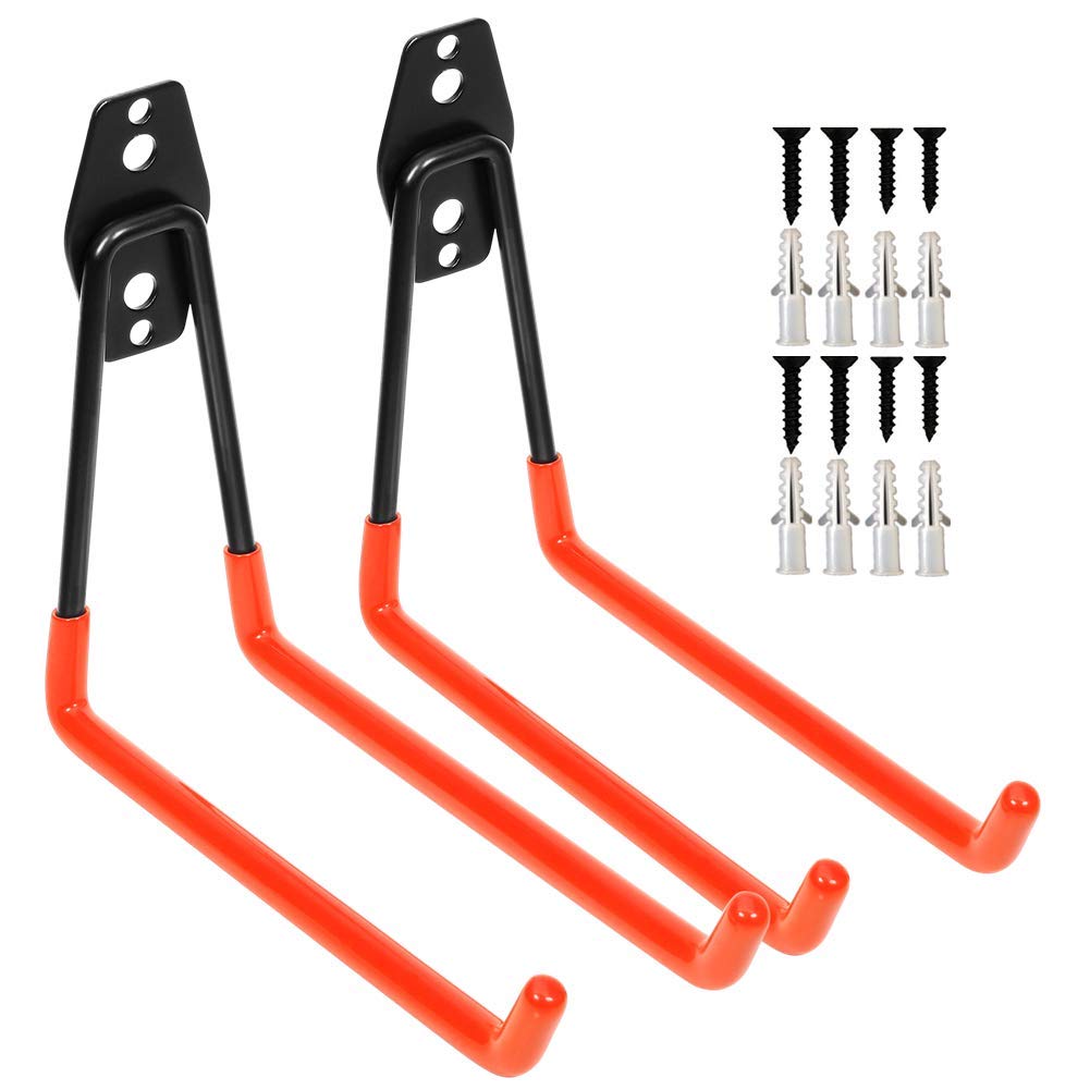 Yisunnan Heavy Duty Garage Storage Utility Double Hooks,Extended Wall Mount Tool Holder Organizer for Ladders,Bike,Chair (2 Pack Orange 7.5" Large U Hook)