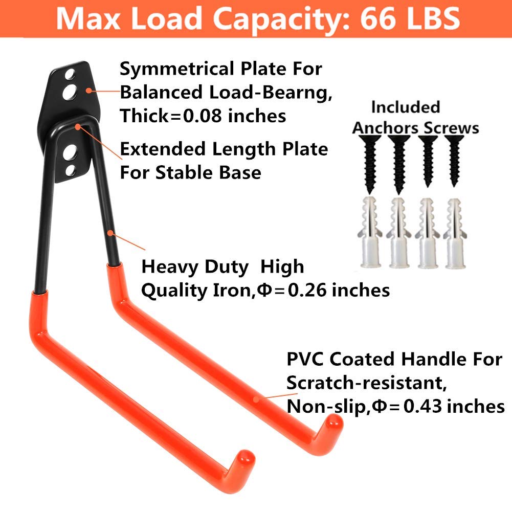 Yisunnan Heavy Duty Garage Storage Utility Double Hooks,Extended Wall Mount Tool Holder Organizer for Ladders,Bike,Chair (2 Pack Orange 7.5" Large U Hook)