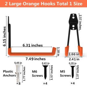 Yisunnan Heavy Duty Garage Storage Utility Double Hooks,Extended Wall Mount Tool Holder Organizer for Ladders,Bike,Chair (2 Pack Orange 7.5" Large U Hook)