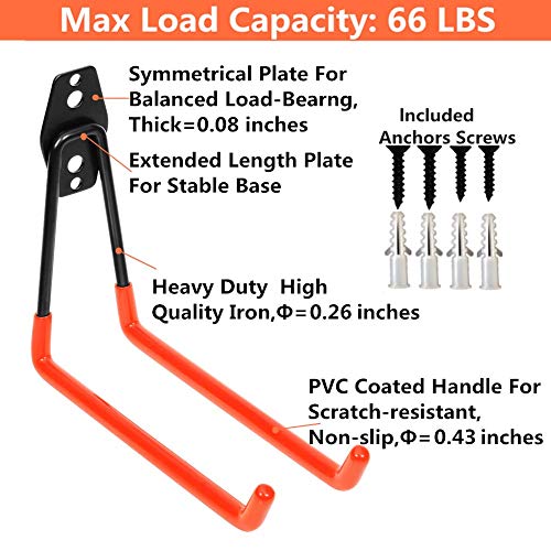 Heavy Duty Garage Storage Utility Double Hooks,Extended Wall Mount Tool Holder Organizer for Ladders,Bike,Chair (4 Pack Orange 7.5" Large U Hook)