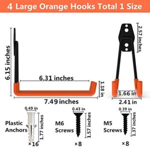 Heavy Duty Garage Storage Utility Double Hooks,Extended Wall Mount Tool Holder Organizer for Ladders,Bike,Chair (4 Pack Orange 7.5" Large U Hook)