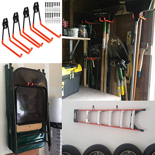 Heavy Duty Garage Storage Utility Double Hooks,Extended Wall Mount Tool Holder Organizer for Ladders,Bike,Chair (4 Pack Orange 7.5" Large U Hook)