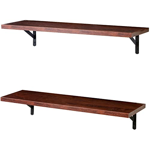 SUPERJARE 23.6 x 7.9in Floating Shelves, Set of 2, Wall Mounted Shelves for Storage, Hanging Book Shelves with Brackets for Bedroom/Living Room/Kitchen/Office/Bathroom - Cherry Walnut