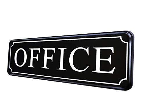 The Office sign for door or wall — quick easy installation. Self-adhesive — 9 X 3 in. The Best sign for home office and business. White big letters on black plate. Main office sign