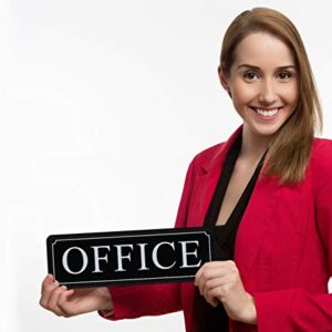 The Office sign for door or wall — quick easy installation. Self-adhesive — 9 X 3 in. The Best sign for home office and business. White big letters on black plate. Main office sign