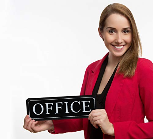 The Office sign for door or wall — quick easy installation. Self-adhesive — 9 X 3 in. The Best sign for home office and business. White big letters on black plate. Main office sign